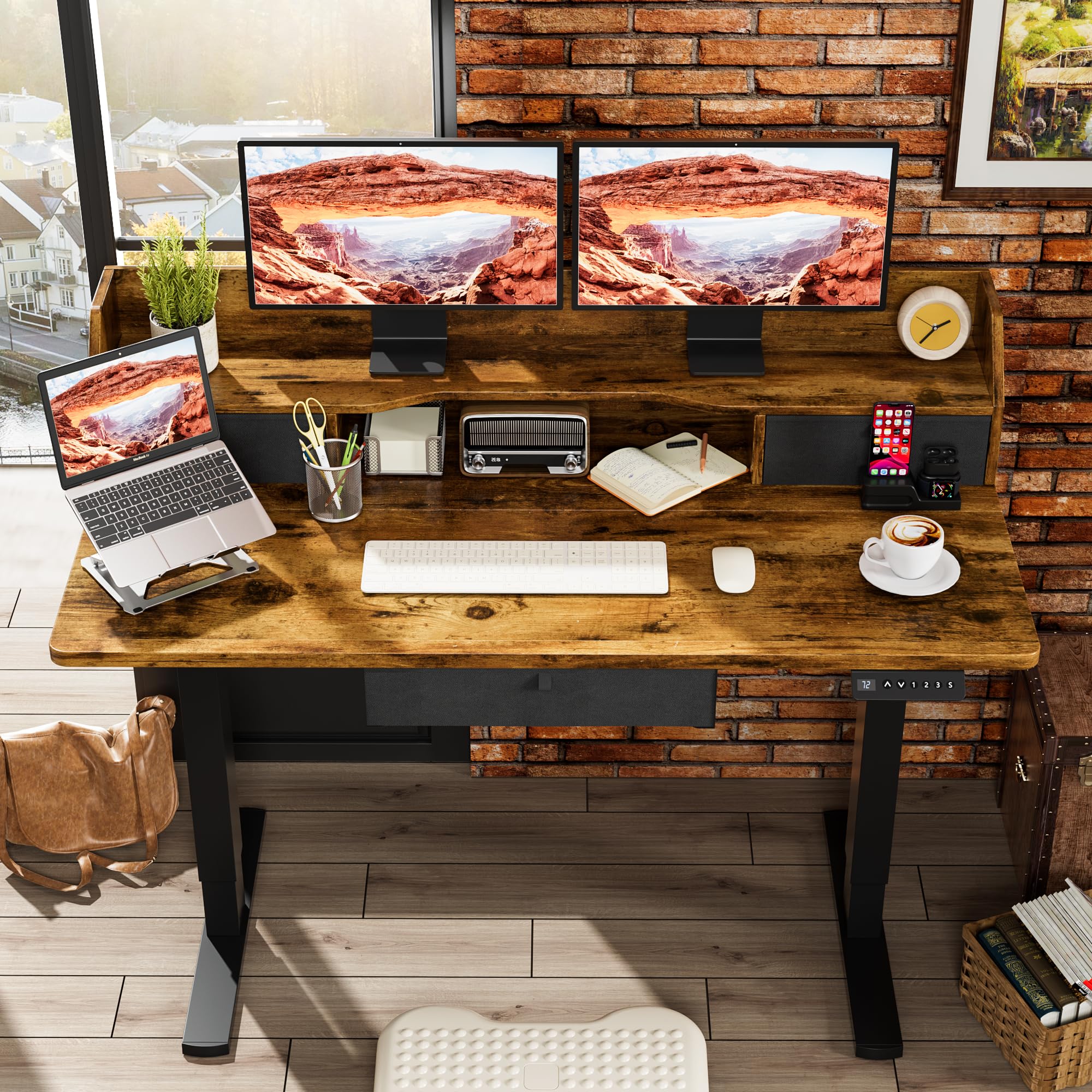Homall Electric Standing Desk with Triple Drawers, Adjustable Height Stand Up Desk, 48 x 24 Inch Table with Storage Shelf, Sit Stand Home Office Desk with Splice Board (Rustic Brown)