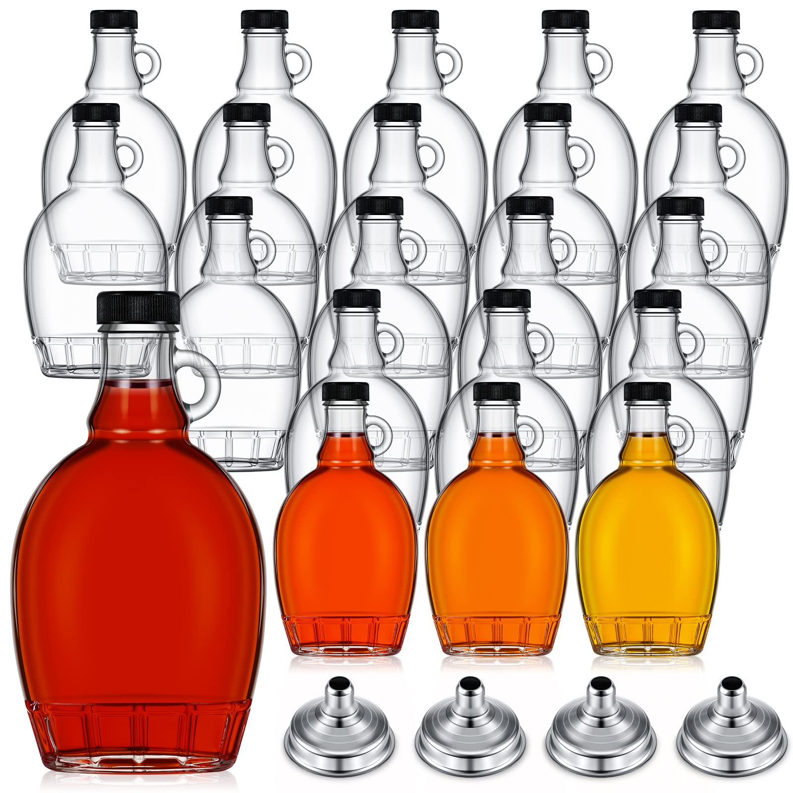 Hoolerry 24 Pack Glass Maple Syrup Bottles with 4 Stainless Steel Funnels, Clear Glass Bottle with Loop Handle Glass Containers for Liquids Maple Syrup Jars Maple Syrup Containers with Lids (12.68 OZ)