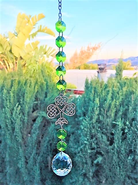 Mystic Celt Treasures- IRISH SHAMROCK SUNCATCHER -12" Irish Suncatcher, USA Handmade, Gift Wrapped, Irish, Shamrock, Ireland, Hearts, Emerald, Clover, Gift