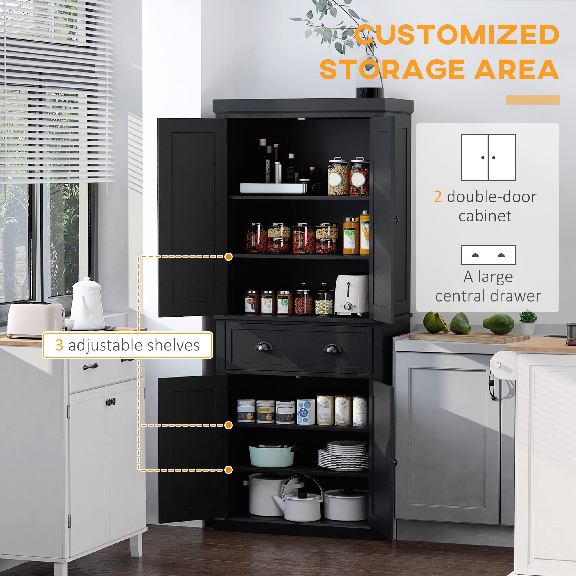 HOMCOM 72.5" Kitchen Pantry Cabinet, Traditional Freestanding Storage Cabinet with 4 Doors, Drawer and 3 Adjustable Shelves for Dining Room, Brown