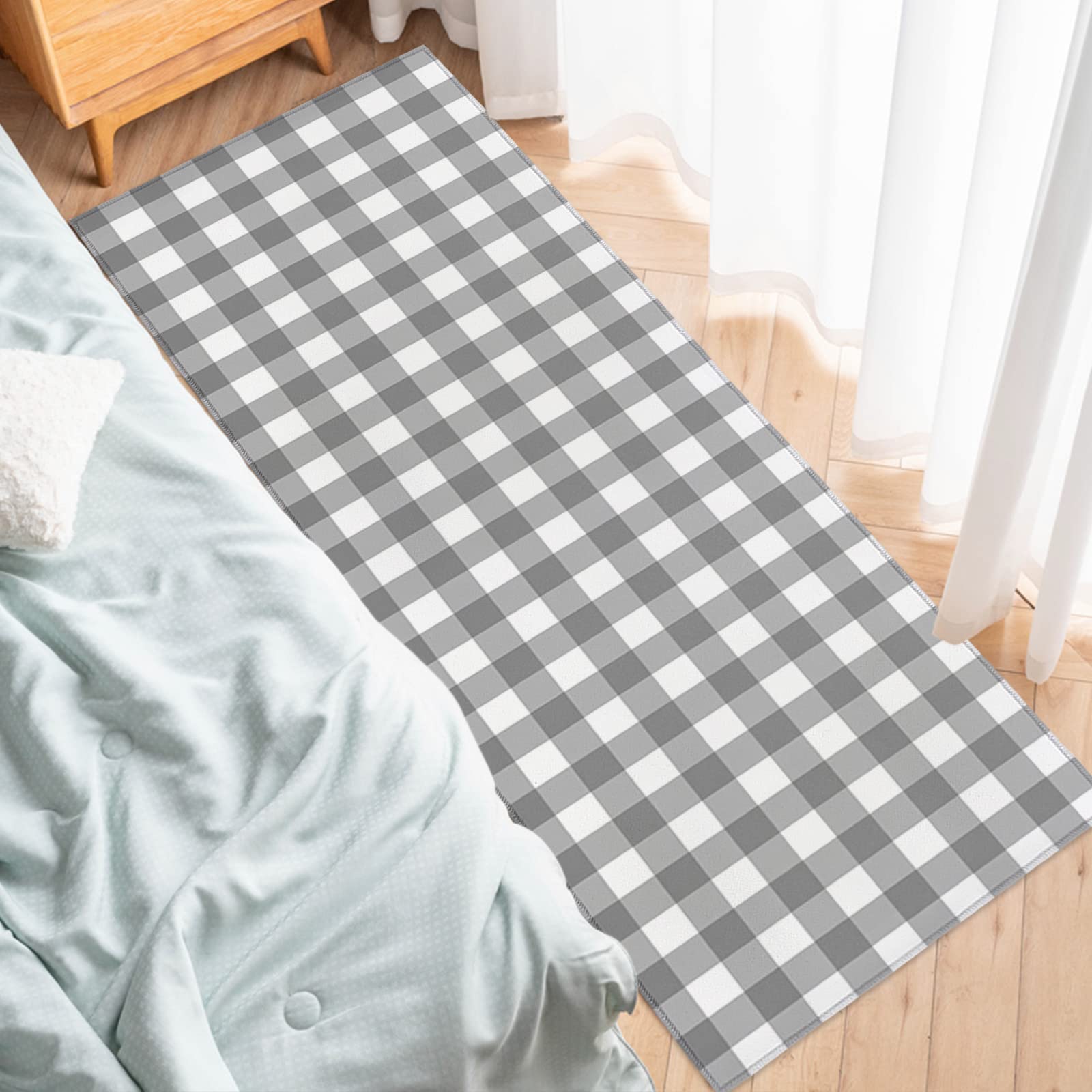 Kitchen Area Runner Rugs Doormat Modern Simple Grey Buffalo Check Non-Slip Indoor Floor Mats Rustic Plaid Art Absorbent Bath Rugs Accent Carpet for Bedroom Hallway Bathroom,1 Piece 18x47.2in