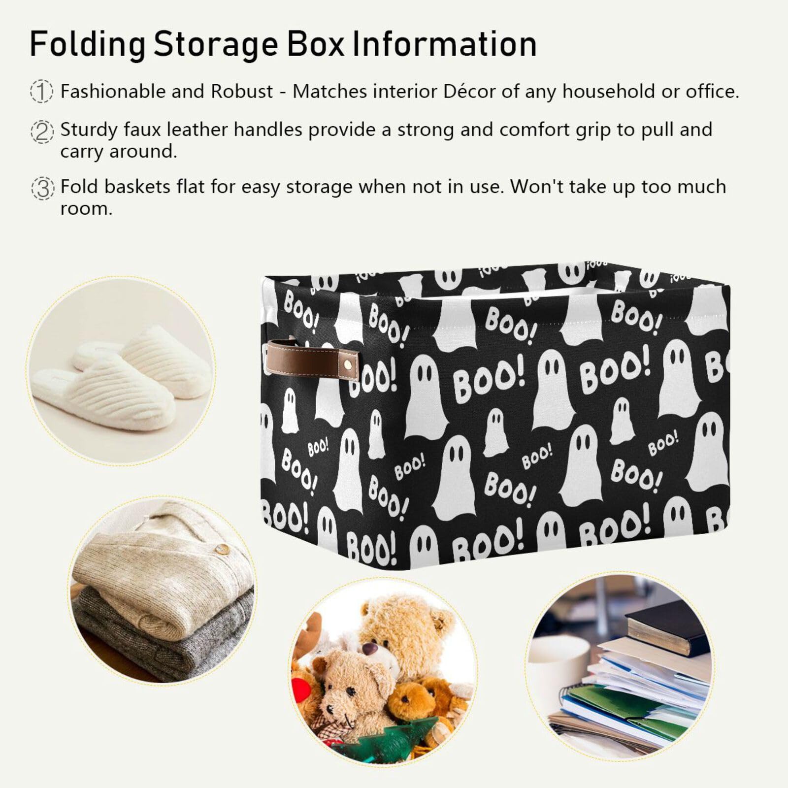 Kigai Foldable Rectangular Storage Baskets - Fabric Shelves Storage Bins with Leather Handles for Organizing Closet Clothes, Toys, Towels, Bedroom, Bathroom, Nursery, Office (Halloween Boo Pattern,1 P