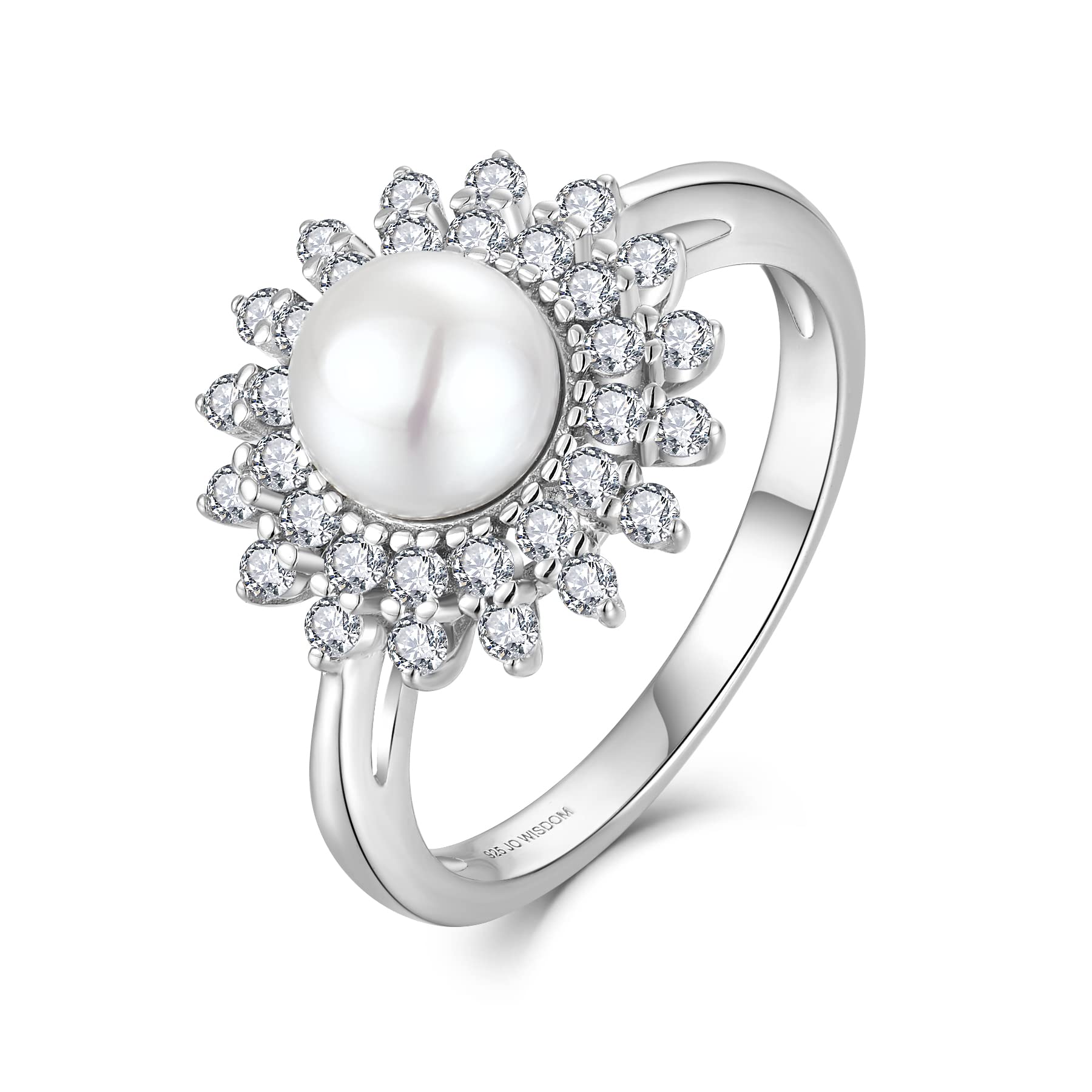 JO WISDOM Pearl Ring,925 Sterling Silver Cubic Zirconia Flower Women's Rings with 7mm White Freshwater Cultured Pearl Ring size 7
