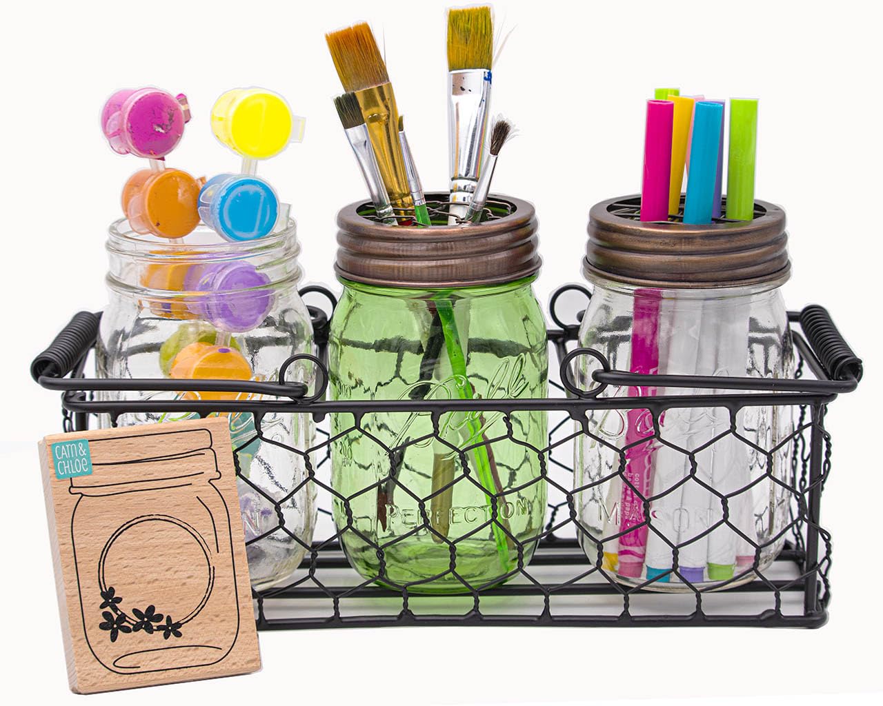 Mason Jar Lifestyle Caddy for 3 Pint Mason Jars in Chicken Wire with Wire Wrapped Handles