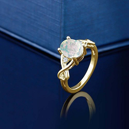 Gem Stone King 18K Yellow Gold Plated Silver Cabochon White Simulated Opal Ring For Women (0.69 Cttw, Available In Size 5, 6, 7, 8, 9)