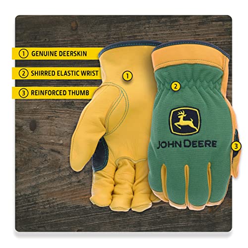 John Deere JD00008-XL Men's Top Grain Deerskin Leather Driver Gloves, Abrasion Resistant, Tan, Water Resistant, Green, X-Large