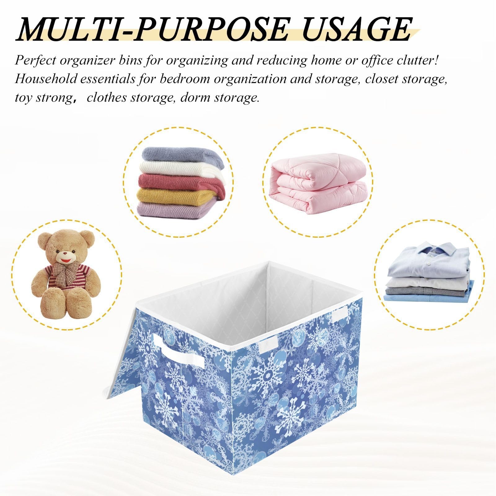 Krafig Snowflakes Decorative Storage Box with Lid Large Bins Baskets Foldable Cube Organizer Collapsible Containers for Organizing, Toy, Home, Shelf, Closet