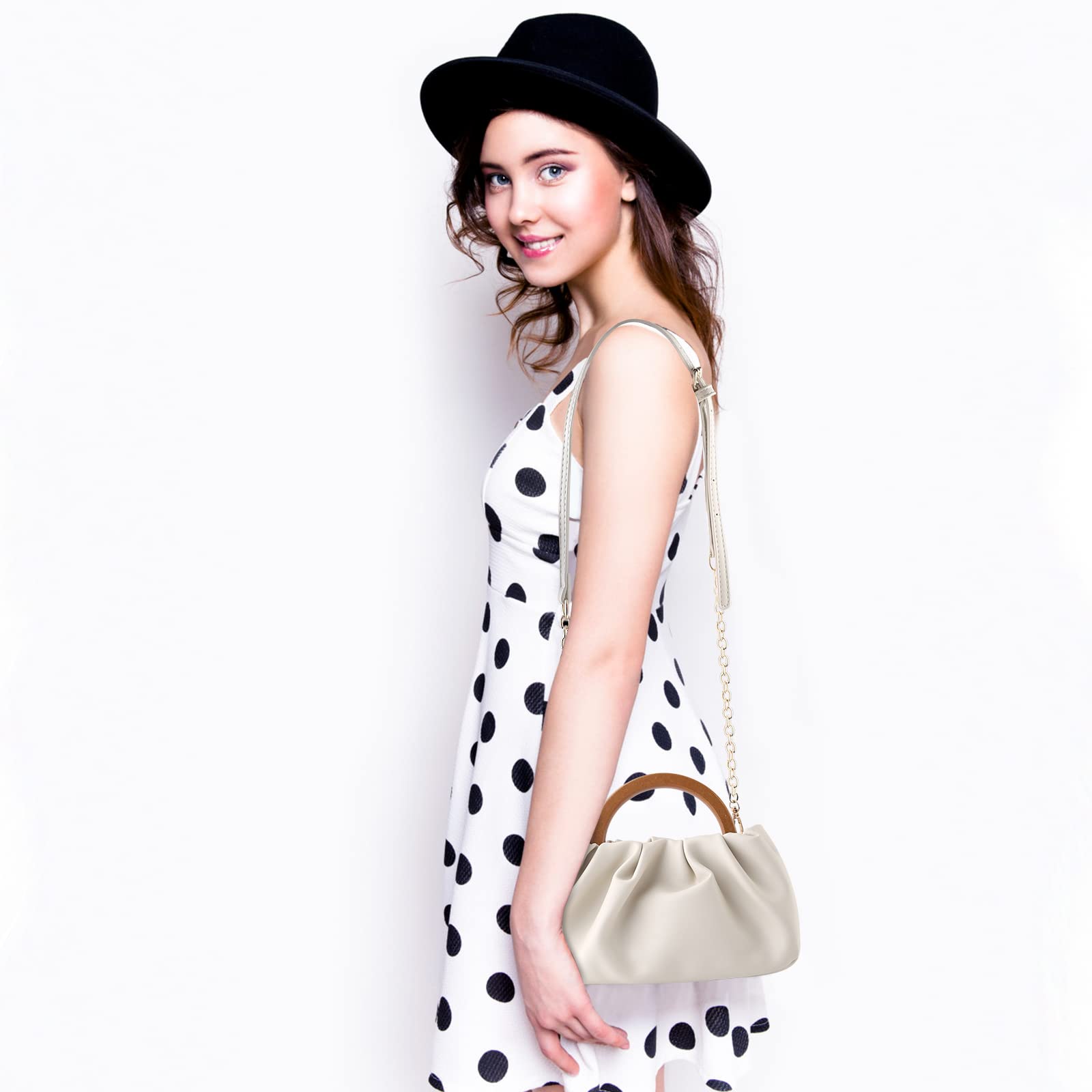 Konikit Cloud Dumpling Bag with Wooden Handle for Women, Soft Clutches Pleated Crossbody Bag, Chain Shoulder Handbag White