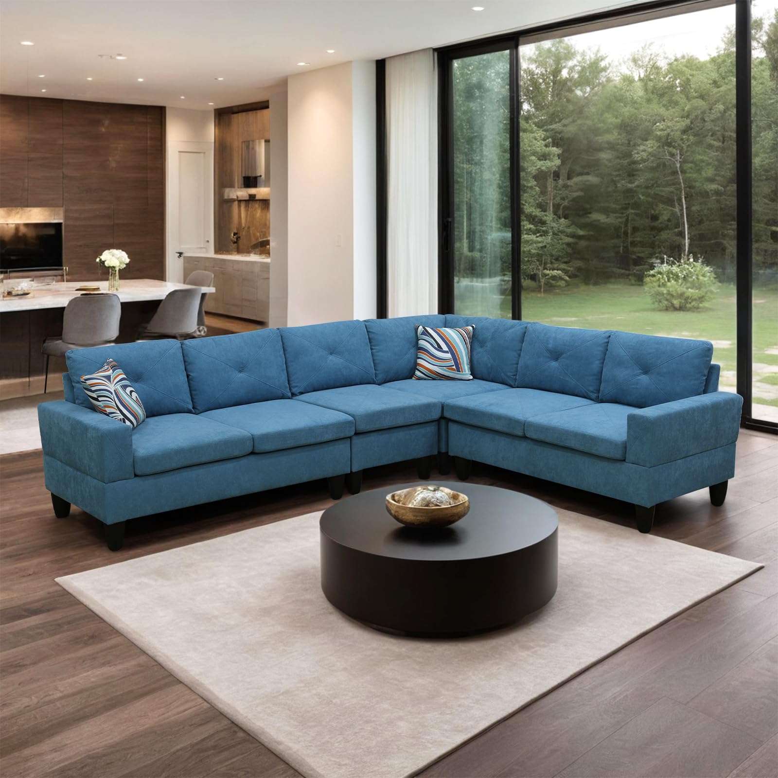 Rovibek L Shaped Sectional Sofa Couch U Shaped Couches for Living Room 6-Seater Corner Sofa Furniture Sets, Blue