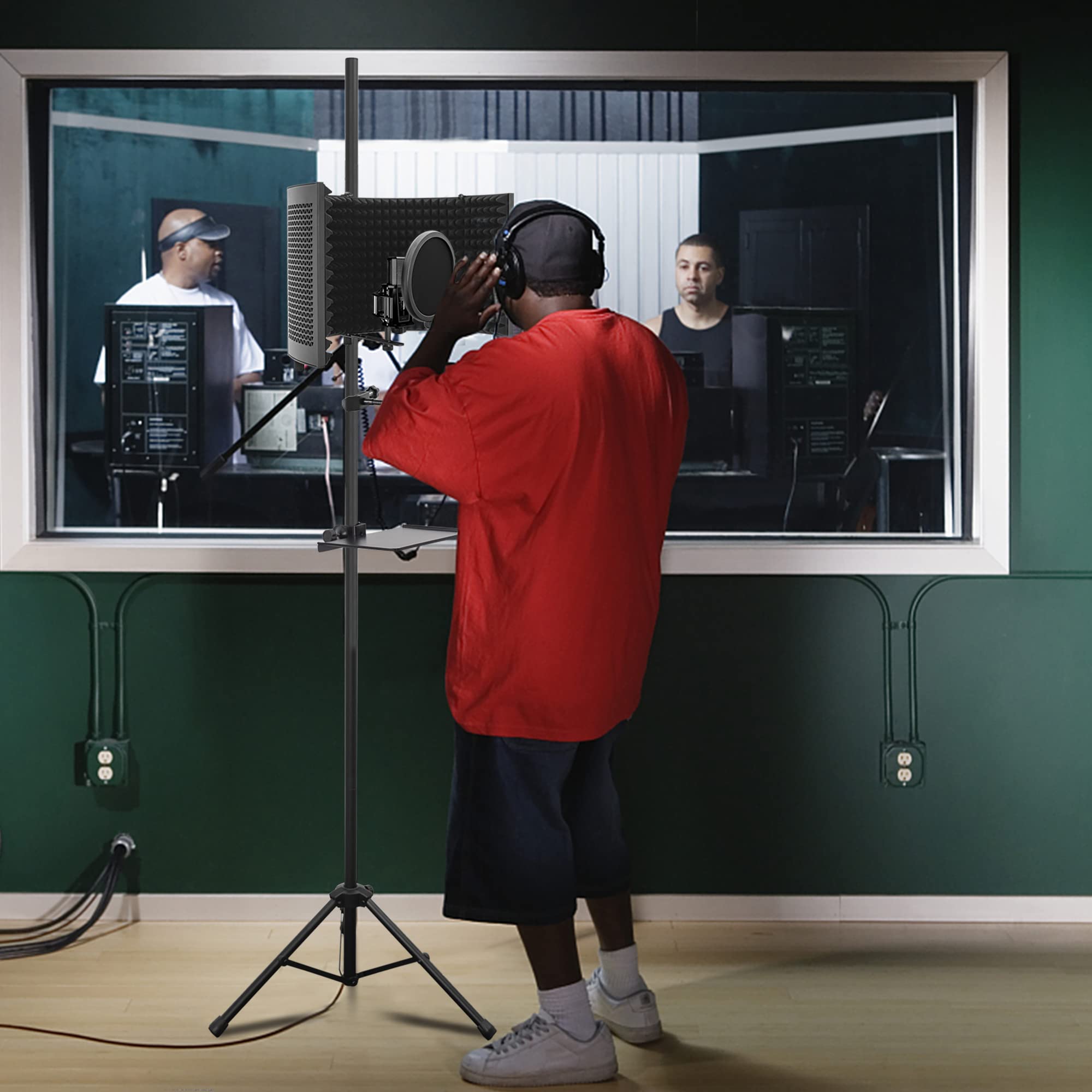 ITHWIU Microphone Isolation Shield with Stand [Curved Panel], Foldable Mic Shield with Triple Sound Insulation, Studio Mic Sound Absorbing Foam Reflector for Sound Recording, Podcasts