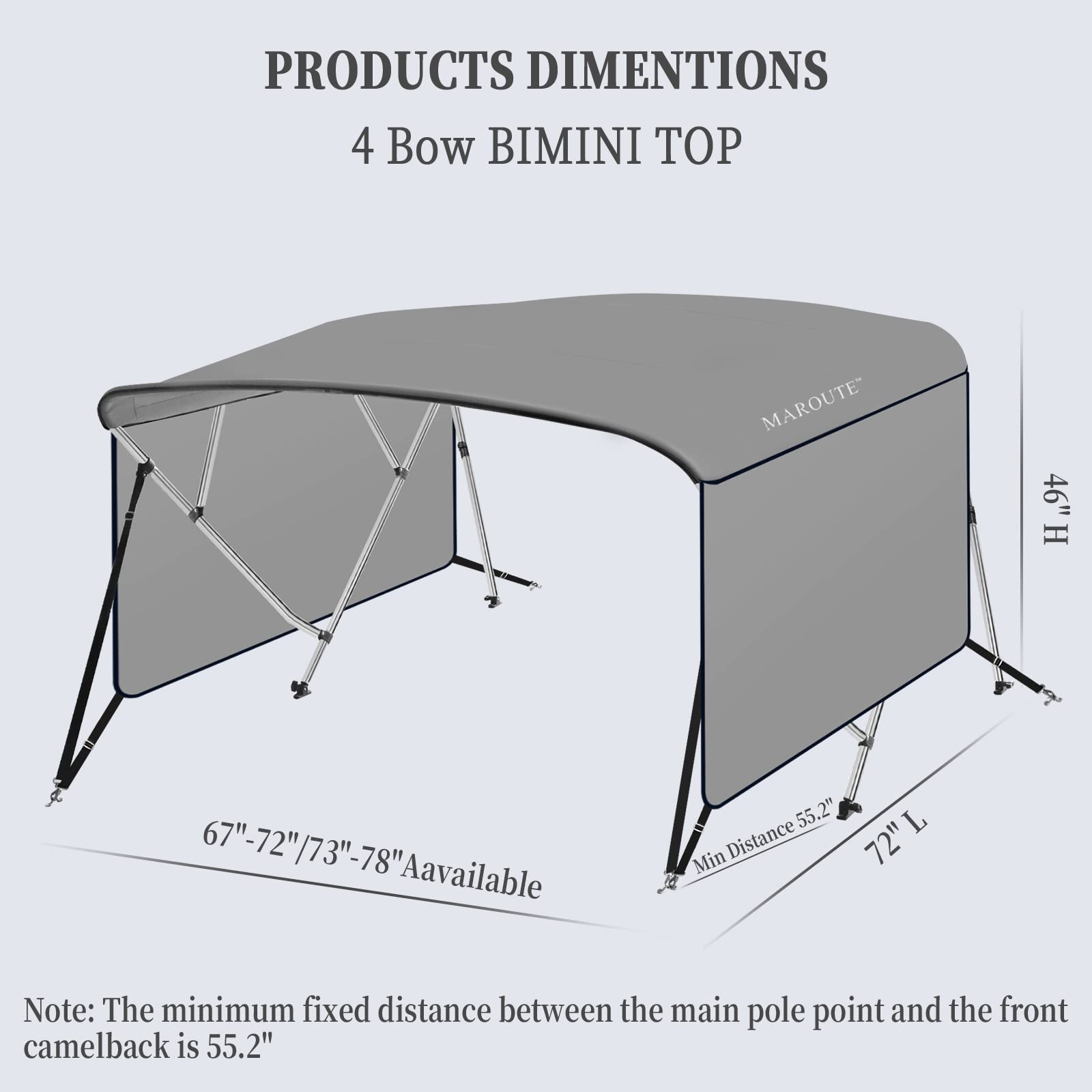 MAROUTE 3 Bow Bimini Top Boat Cover with 1” Aluminum Alloy Frame, Includes 2 Straps, 2 Adjustable Rear Support Poles with Zippered Storage Boot and PU Coating Canvas (6'L x 46" H x 67"-72" W, Grey)