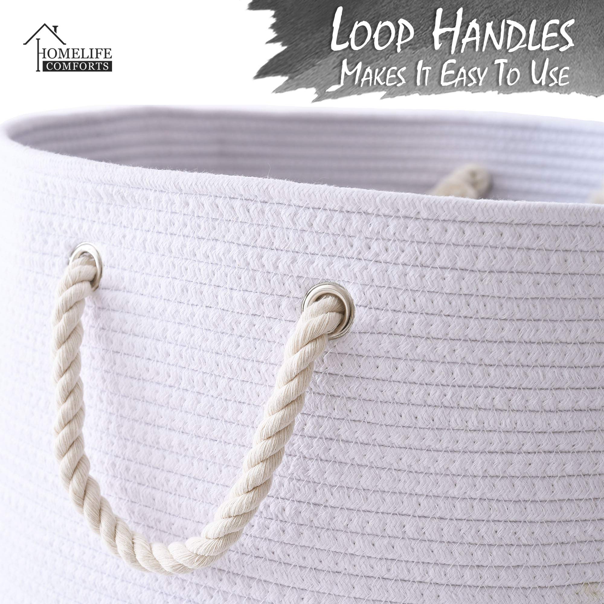 HomeLife Comforts XXL Woven Cotton Rope Basket | 20"x13" Blanket Pillow Towel Baby Toy Nursery Storage Organizer | Decorative Clothes Hamper Bin | Extra Large White Grey as Decor Gift for Laundry Room