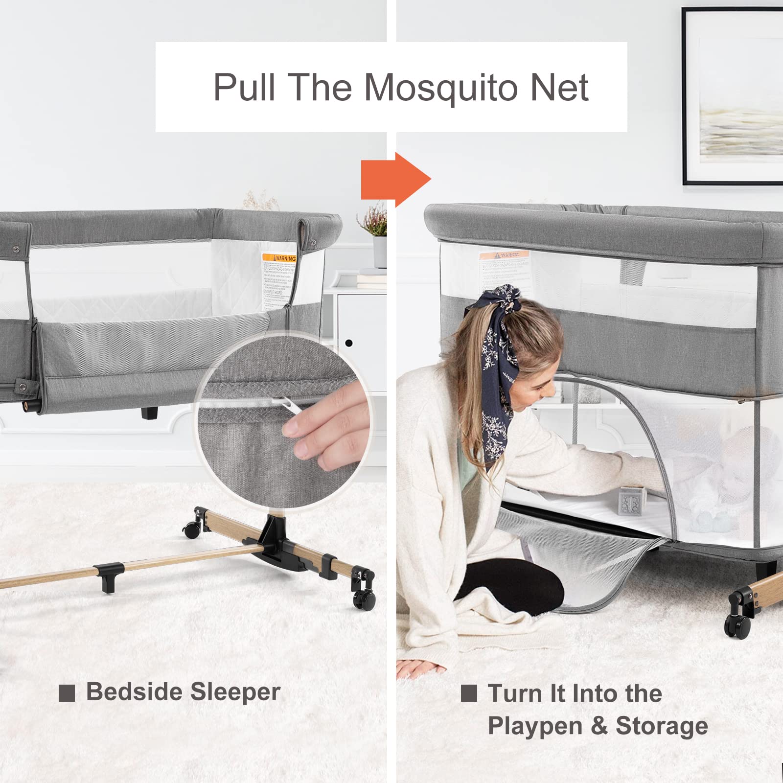 Jaoul 3 in 1 Baby Bassinets Bedside Sleeper & Playpen Design with Mattress Included, Easy Folding Travel Baby Crib Height Adjustable (Single, Khaki)