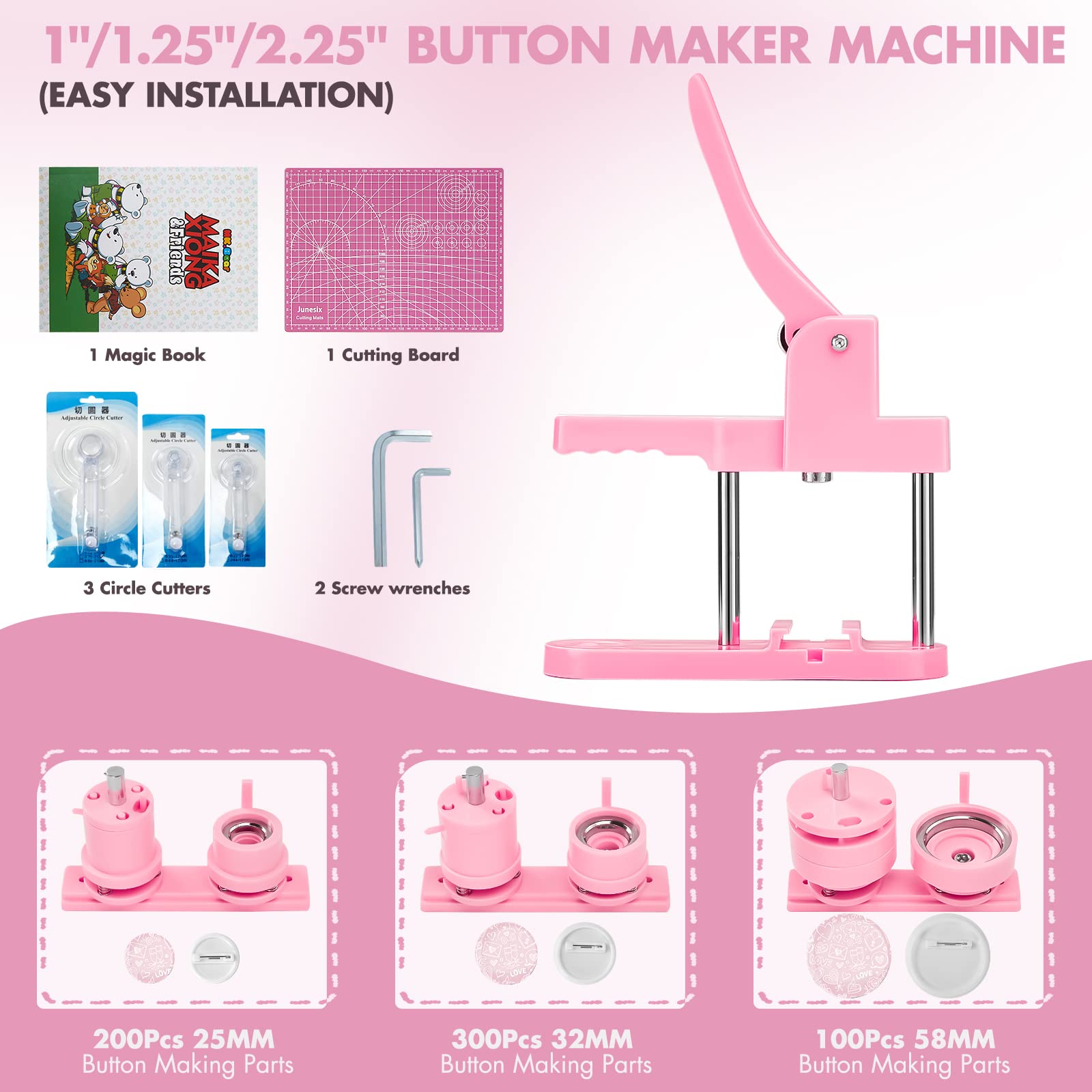 Green Button Maker Machine Multiple Sizes 600Pcs(25/32/58mm) + Pink Button Maker Machine Multiple Sizes 600Pcs (23/32/58)