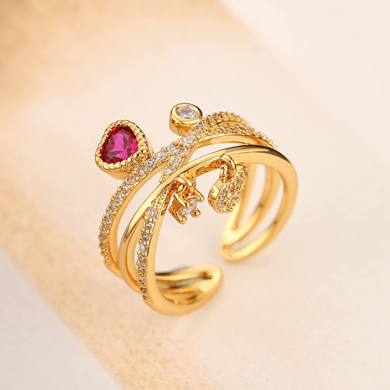 HZMAN Ladies 14K Gold Plated Ring Ladies Cubic Zirconia Heart Adjustable Stackable Wedding Engagement Ring Jewelry Gift
