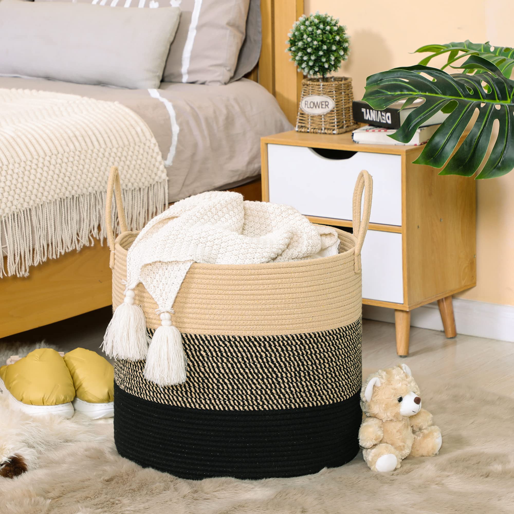 KAKAMAY Large Blanket Basket,Woven Baby Laundry Hamper for Storage, Cotton Rope Blankets Baskets for Nursery, Laundry, Living Room, Pillows, Baby Toy Chest with Handles (Black)