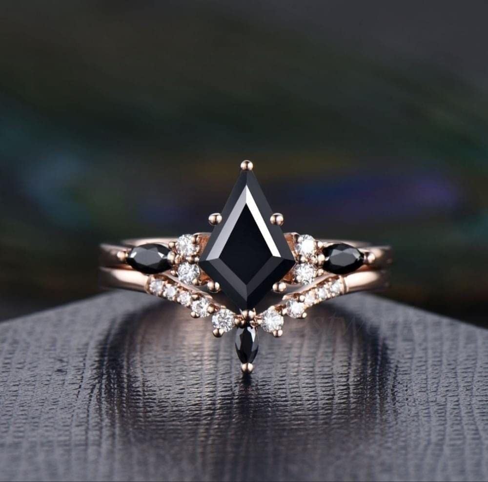 kite cut Black onyx ring set rose gold unique engagement ring set CZ DIMAONDS ring marquise cut black spinel ring black stone ring for women (WHITE GOLD, 7)