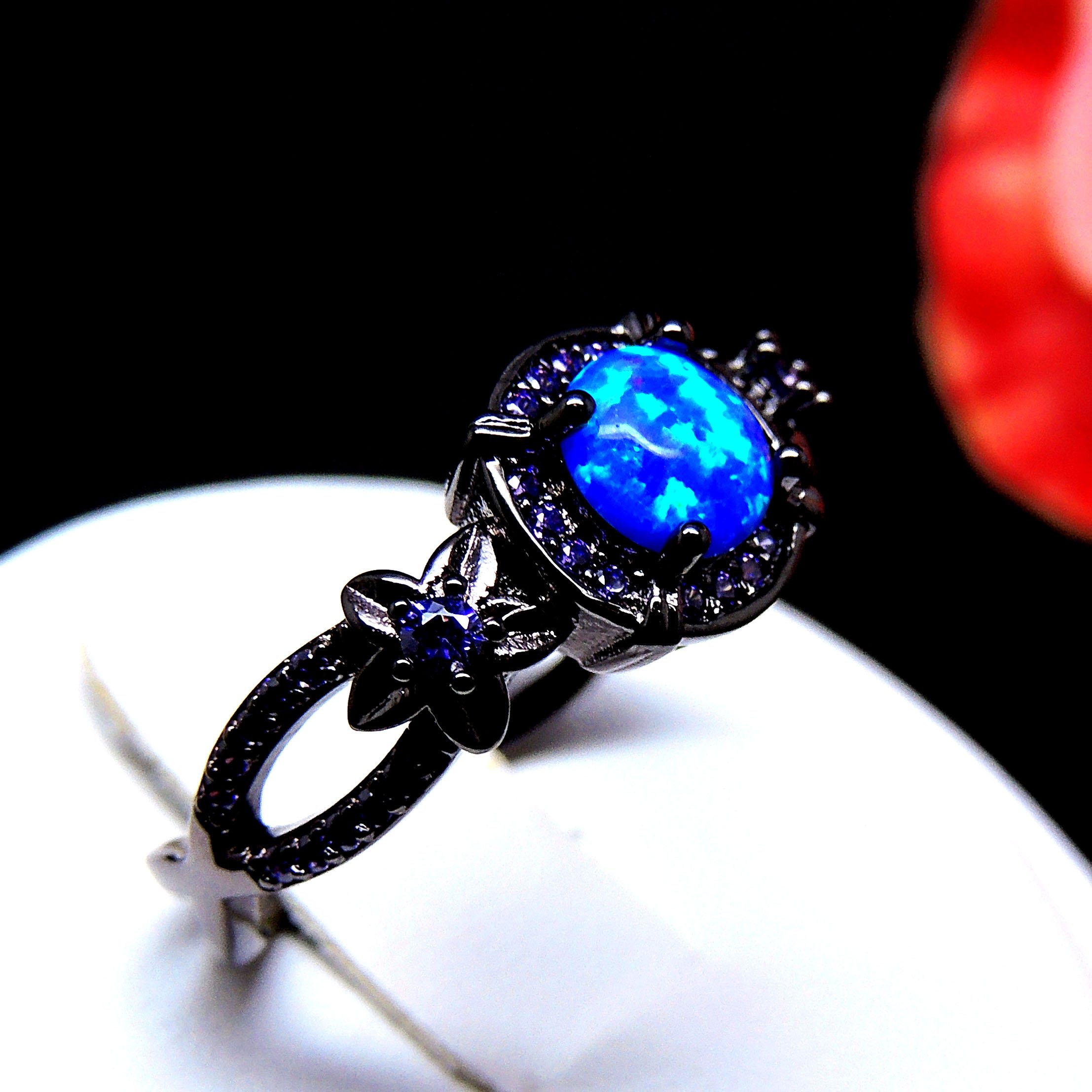 Ginger Lyne Collection Sloane Blue Black Plated Simulated Fire Opal Purple CZ Ring Size 8