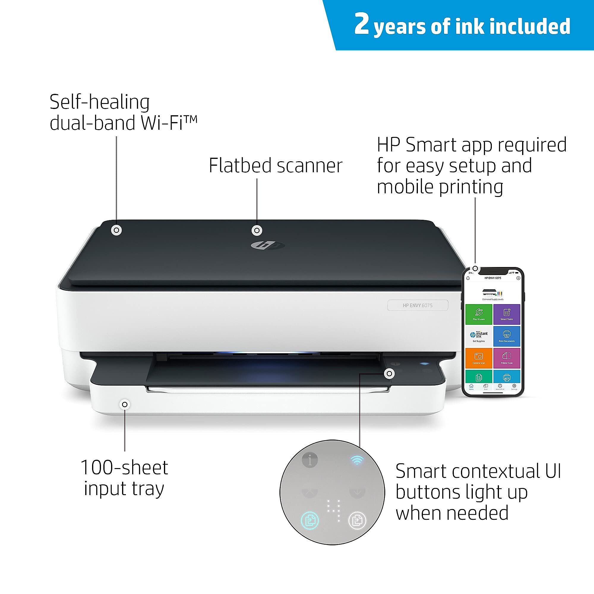 HP Envy Pro 6475 Wireless All-in-One Printer, Includes 2 Years of Ink Delivered, Mobile Print, Scan & Copy, Compatible with Alexa (8QQ86A)