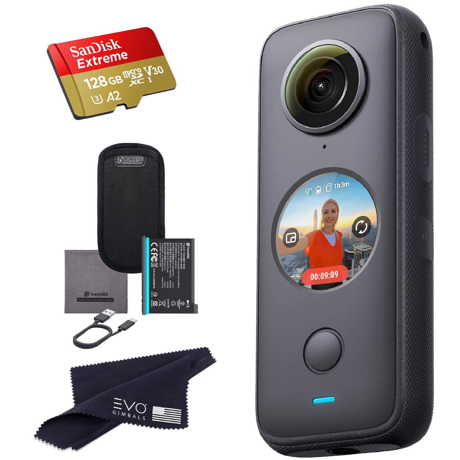 Insta360 ONE X2 360 Camera with Touchscreen - 5.7K30 360 Video, Front Steady Cam Mode, 18MP 360 Photo + InstaPano | Bundle Includes 128GB Memory Card (2 Items)
