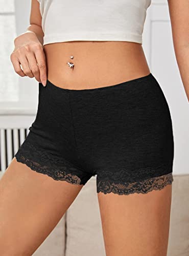 MIRACMODA Women Casual Contrast Lace Trim Biker Shorts Workout Yoga Gym Athletic Booty Short Leggings Black