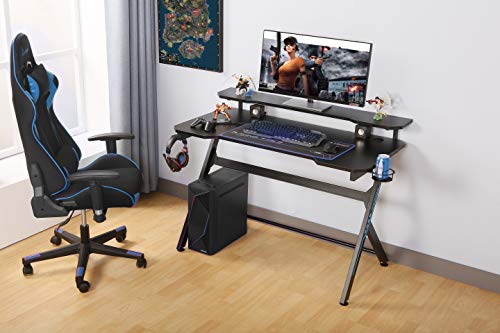 JJS 48" Home Office Gaming Computer Desk with Removable Monitor Stand, R Shaped Large Gamer Workstation PC Table with Cup Holder Headphone Hook Speaker Storage Free Mouse pad, Black