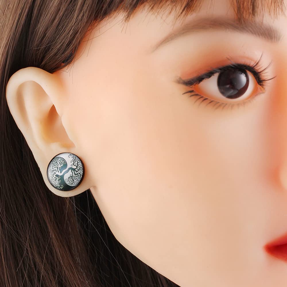 LADEMAYH 2 PCS Tree Pattern Ear Plugs Tunnels Gauges for Women - Black Stainless Steel 316L Body Piercing Basic Earrings for Stretched Earlobe 12mm=1/2"