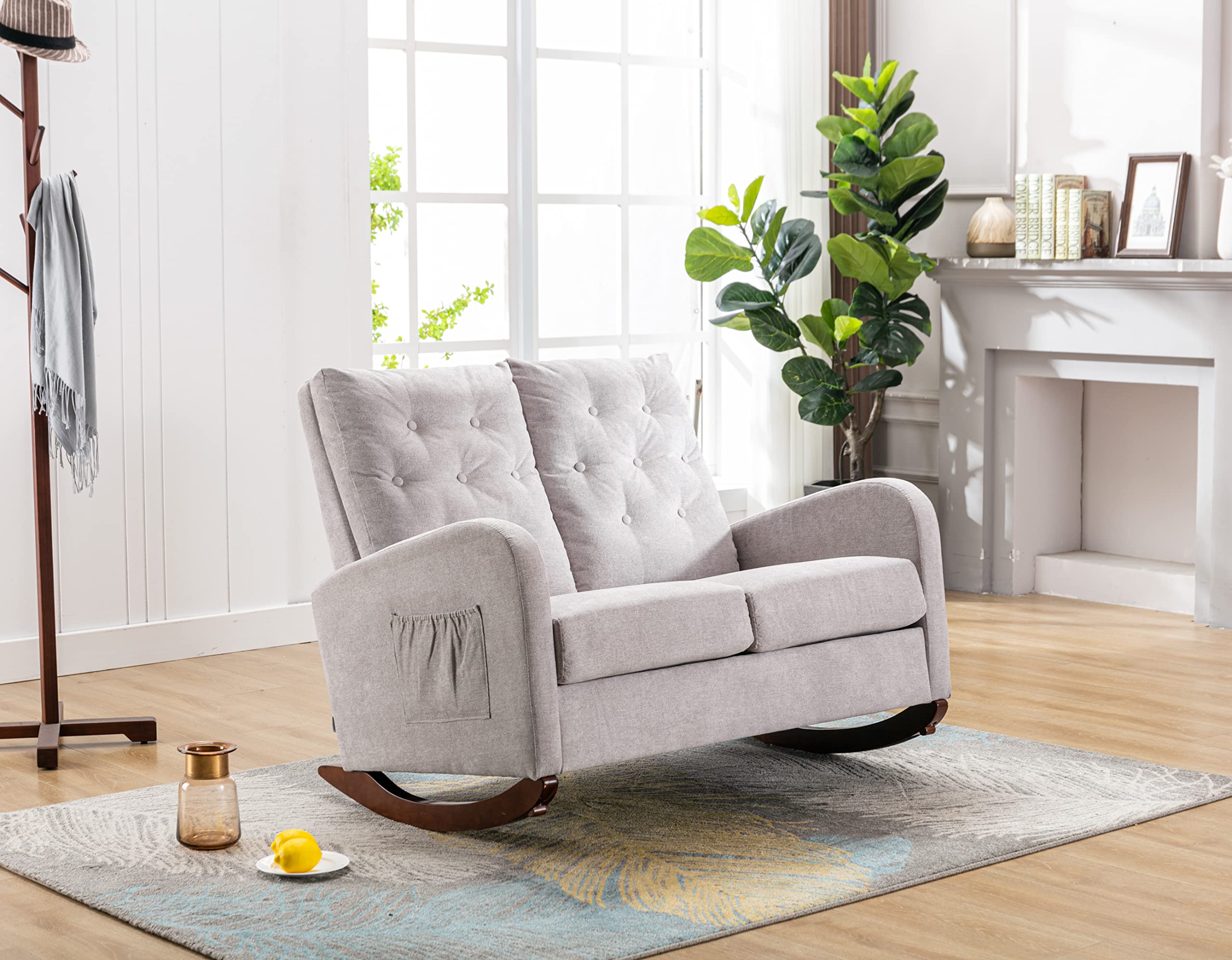 LUMISOL Modern Upholstered Double Rocking Chair, Nursery Rocking Loveseat with Tufted Backrest and Storage Pockets, Glider Rocker Chair for Bedroom, Living Room (Light Grey)