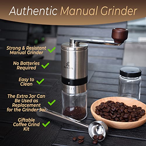 KOKAIL Manual Coffee Grinder | Hand Coffee Grinder with Crank Handle Wood Knob having 6 Adjustable Grind Settings, Includes Extra Glass Jar, Velvet Storage Bag, Spoon & Cleaning Brush