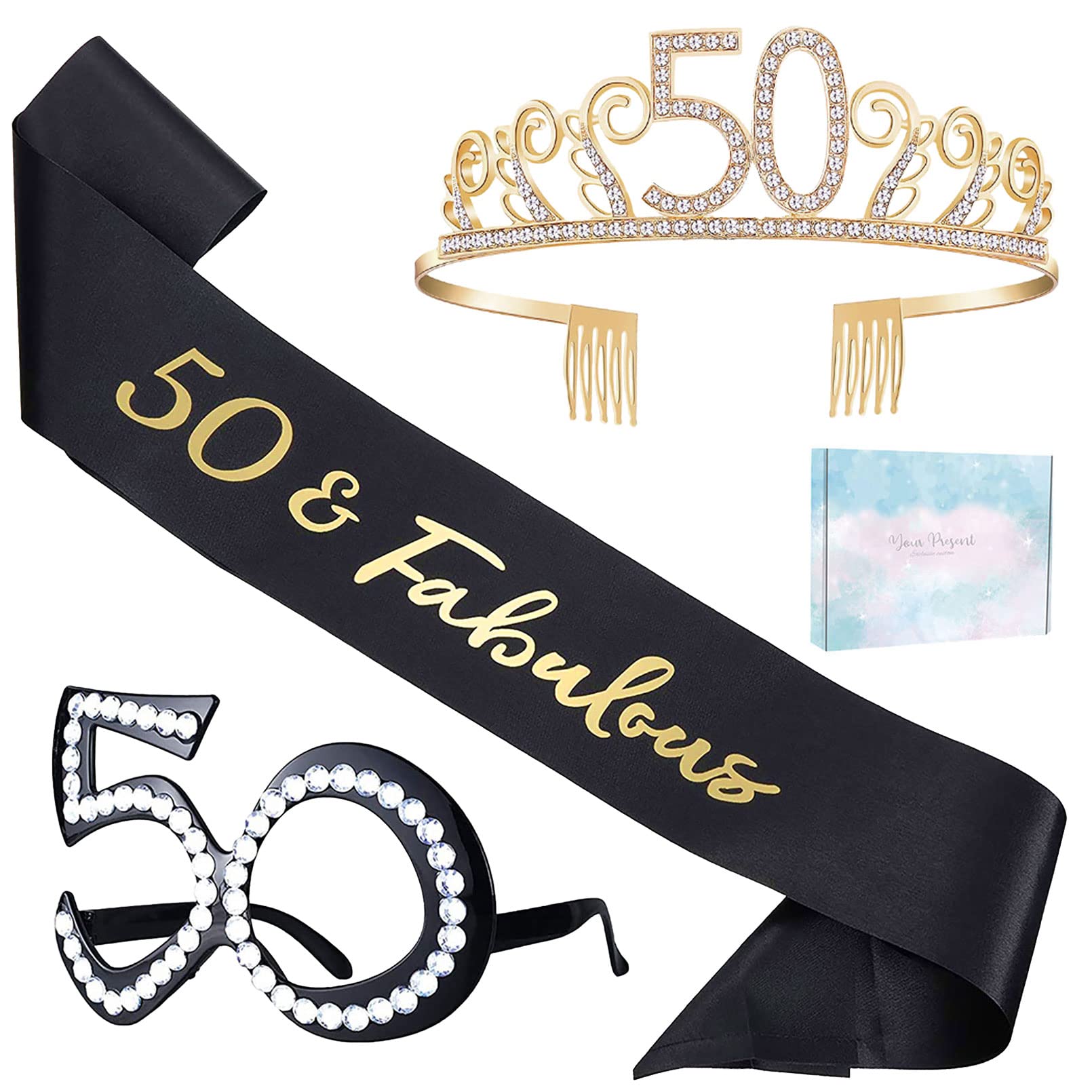 KYZCROTW 50th Birthday Gift for Women, 50th Birthday Tiara Crown, 50 & Fabulous Sash and Glasses for Women 50 years old Birthday Party Decorations and Supplies, 3 pcs