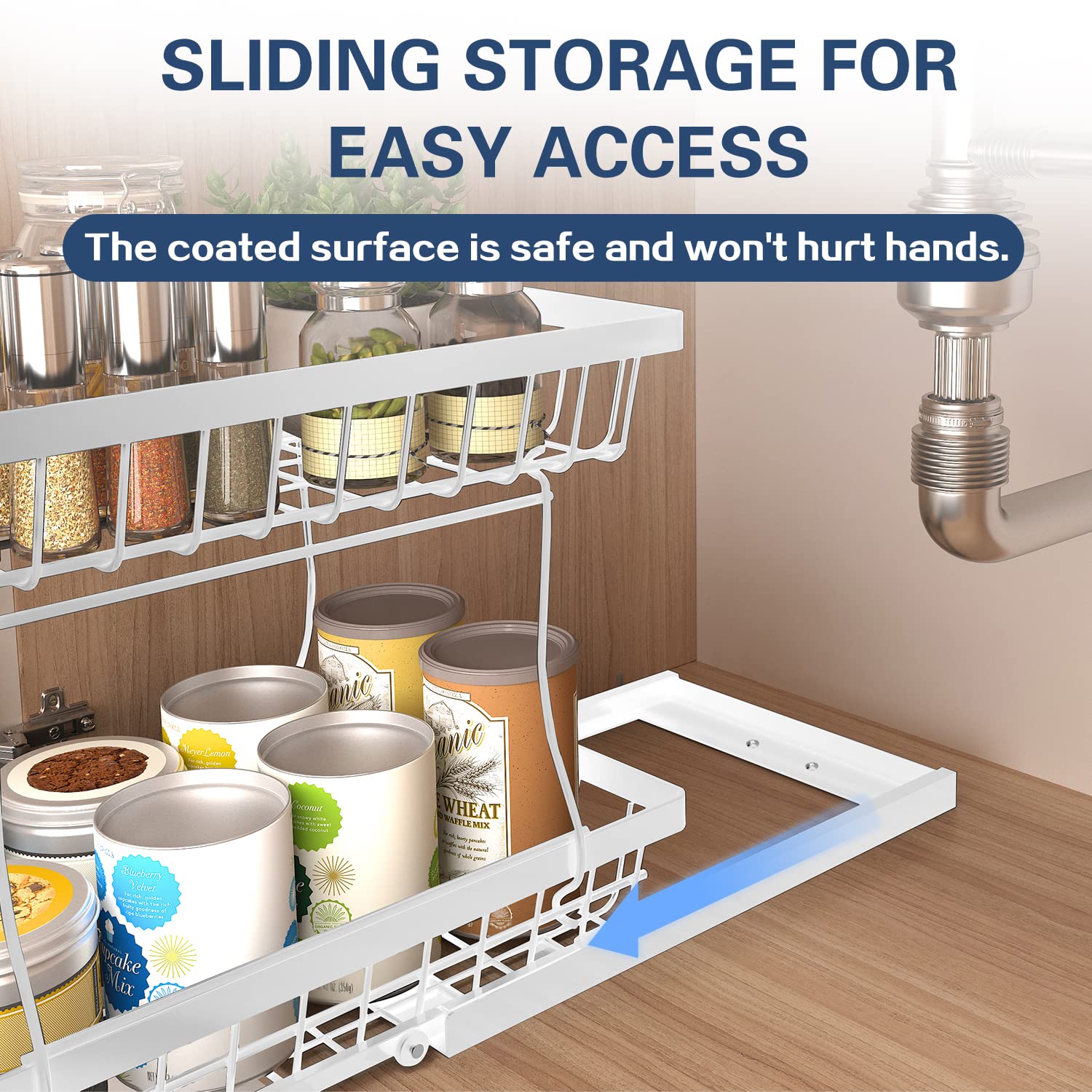 HTOH 2 Tier Under Sink Organizer with Sliding Storage Drawer, Pull Out Cabinet Organizer, Multi-purpose Slide-Out Storgae Basket with Handles for Kitchen, Bathroom