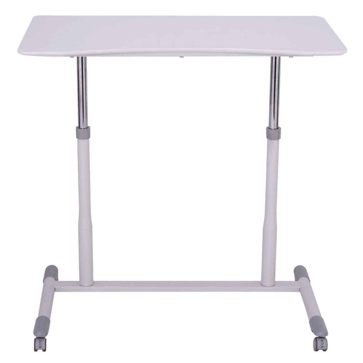 Home Office Bedroom Dorm Living Room Modern Furniture Decor Height Adjusting Compact Computer End Side Table Ergonomic Practical Sit to Stand Rolling Desk Sturdy White Wood Steel Tube Multipurpose