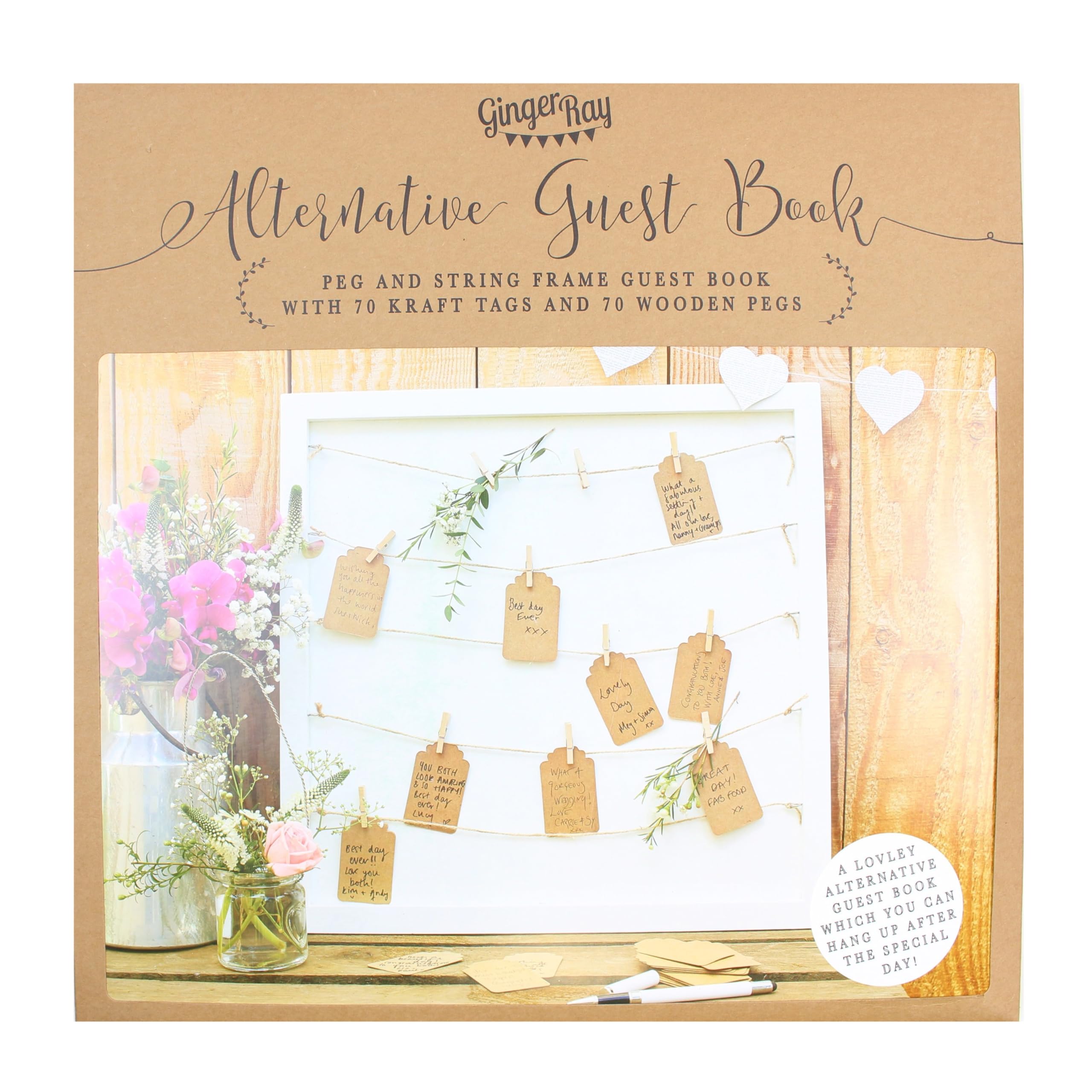 Ginger Ray Alternative Wedding Guestbook Peg & String Tag Frame Rusric Country, White
