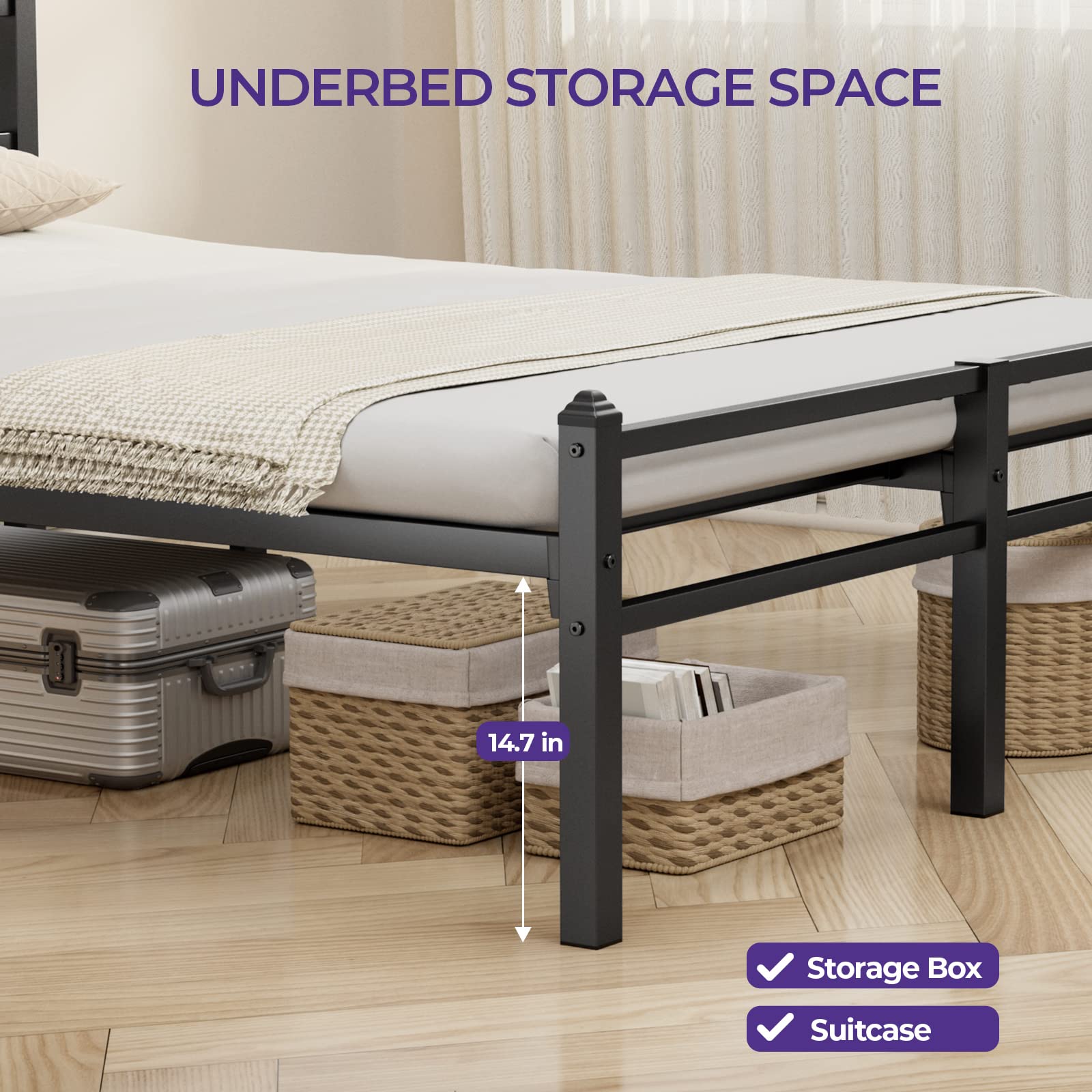 GreenForest Queen Bed Frame with Headboard Easy Assemble, 14 inch Heavy Duty Metal Platform Queen Size Bed Base with Storage No Box Spring Needed Mattress Foundation, Noise Free, Black