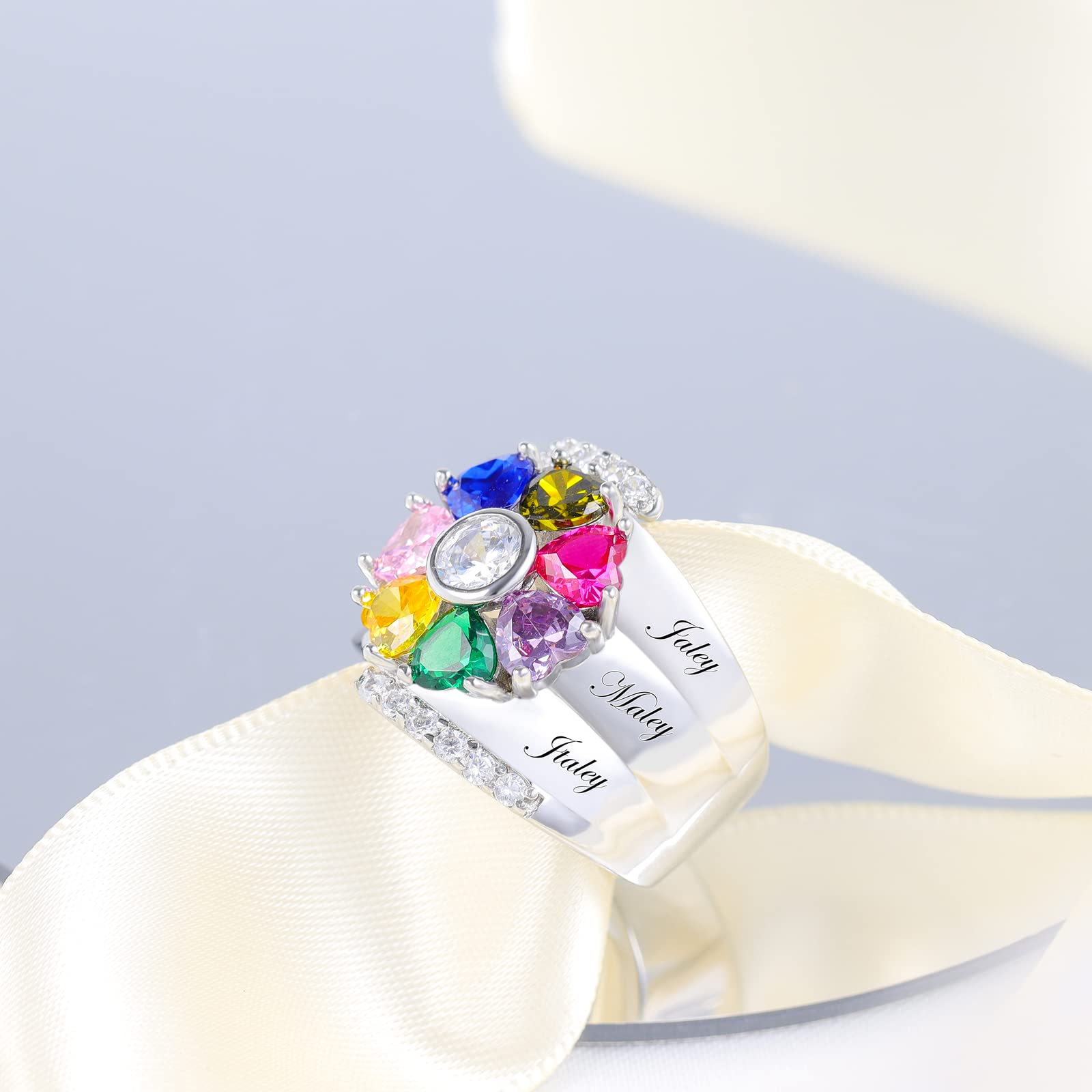 Laleonpame Custom Grandmother Ring Sterling Silver with 7 Birthstones & Names Family Wedding Band Mother's Day Ring