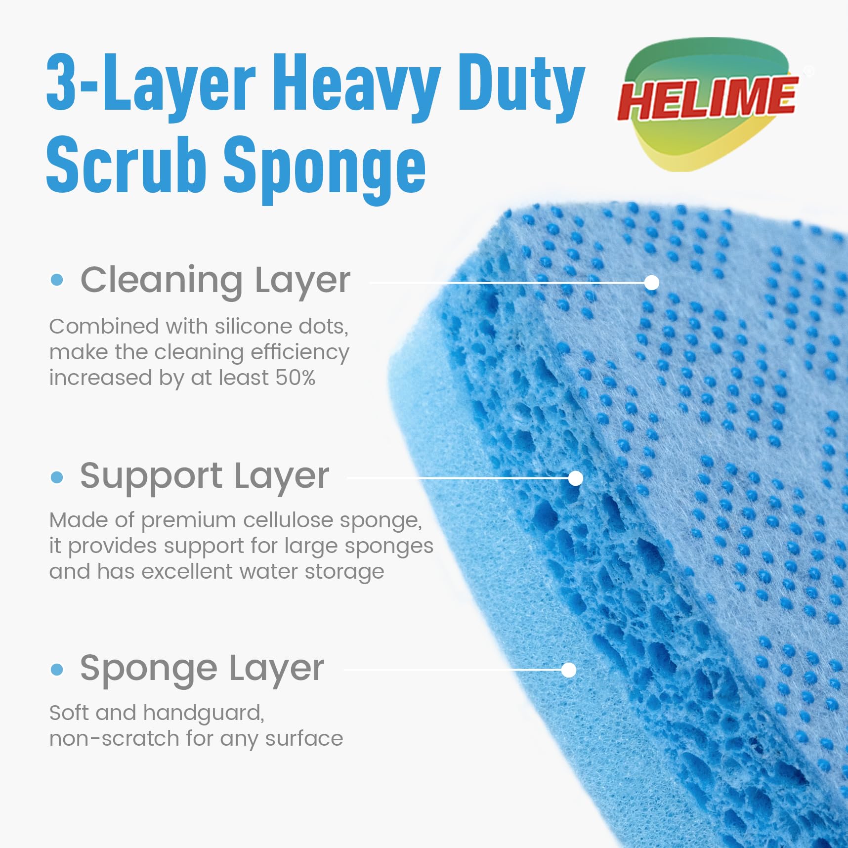 HELIME Scrub Dots Bathroom Sponge, Heavy Duty Non Scratch 3 Layer Cellulose Scrubbers, Reusable Bath Washing Scrubber, Magic Eraser Sponges Scour Scrub Pads for Clean Glass, Ceramic, Bathtub, Sink