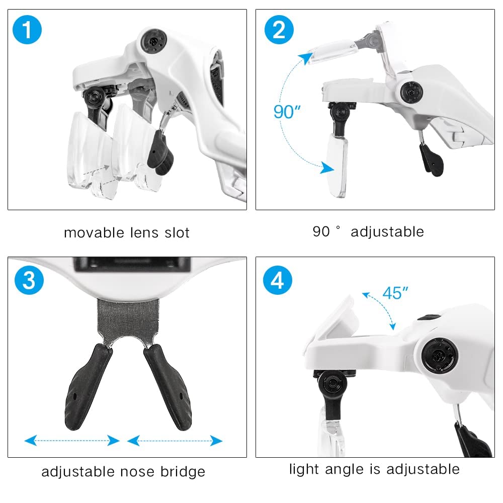 Head Mount Magnifier with Light, USB Charging Magnifying Glasses for Close Work, Hands Free Magnifying Glass for Reading, Jewelers Loupe 5 Lenses 1.0X 1.5X 2.0X 2.5X 3.5X