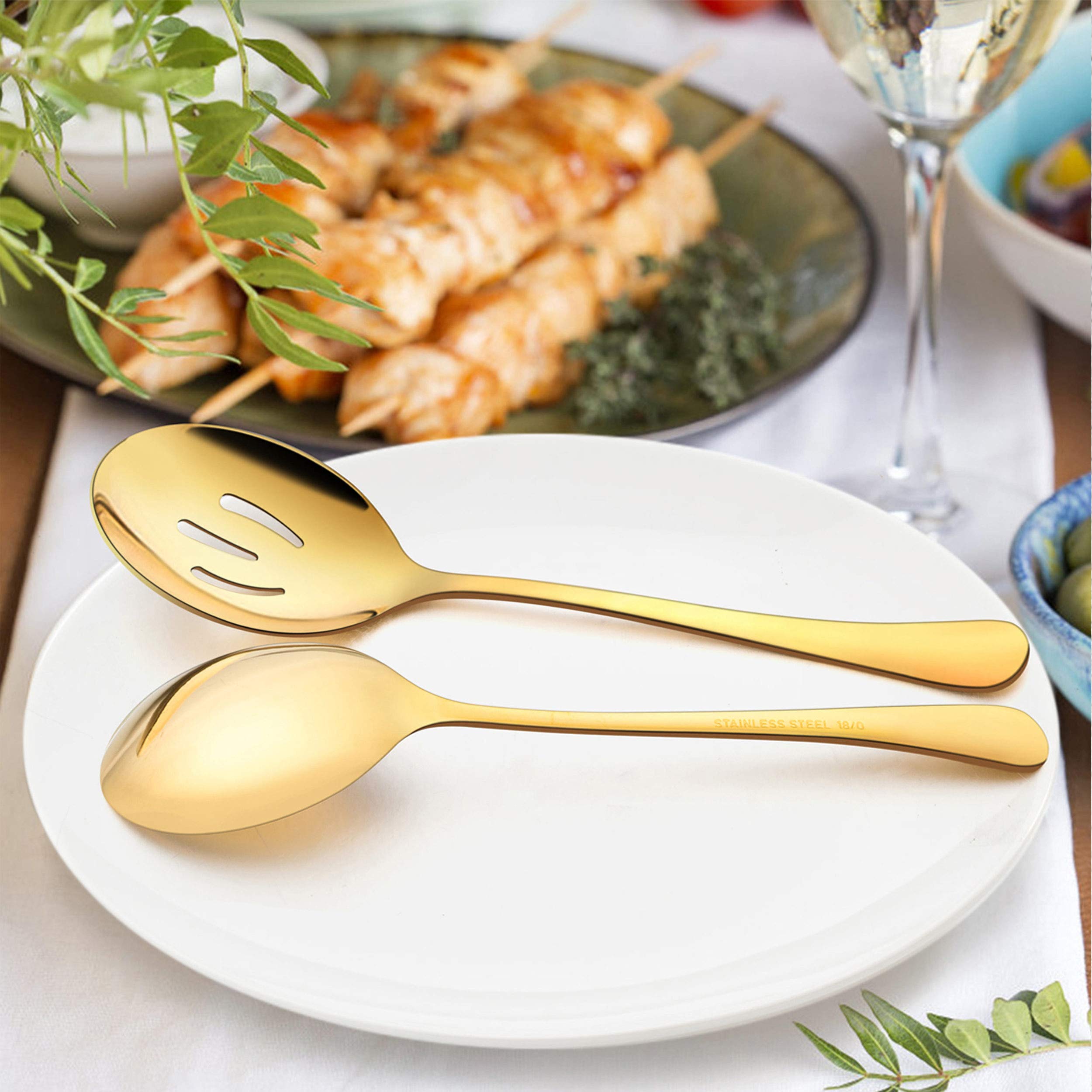 LIANYU 8 Pack Gold Serving Spoons, Gold Slotted Serving Spoons, 8 3/4 Inch Stainless Steel Serving Utensils Spoon Set for Banquet Catering Buffet Dinner Restaurant Party