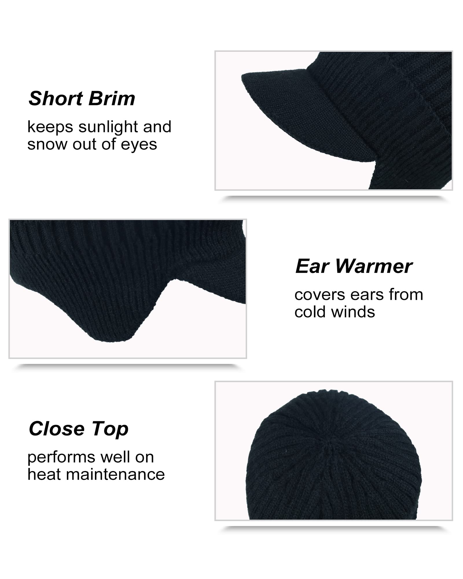 Koreshion Men's Winter Visor Beanie Hat with Earflaps Knit Baseball Cap with Brim Ski Hat Warm Fleece Lined Hunting Hat Black