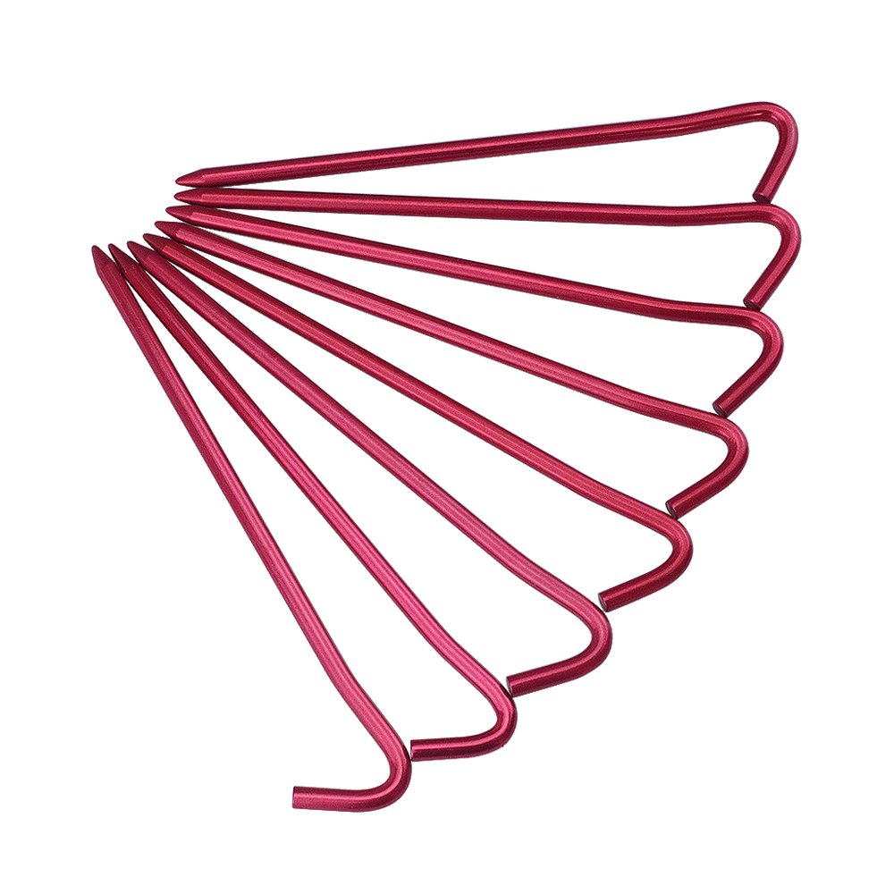 Hikemax 7075 Aluminum Tent Stakes 10 Pack - Ultralight 7 Inch Hook Tent Pegs with Carrying Pouch - Made for Camping Trip, Hiking and Gardening Red