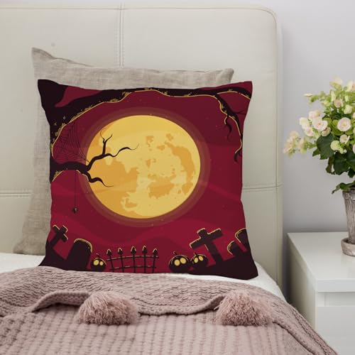Halloween Moon Pillow Covers Cute Ghost Pumpkin Moon Living Room Bedroom Dorm Pack of 2 Washable Soft Linen Pillow Covers Couch Decorative,red,18x18 Inch
