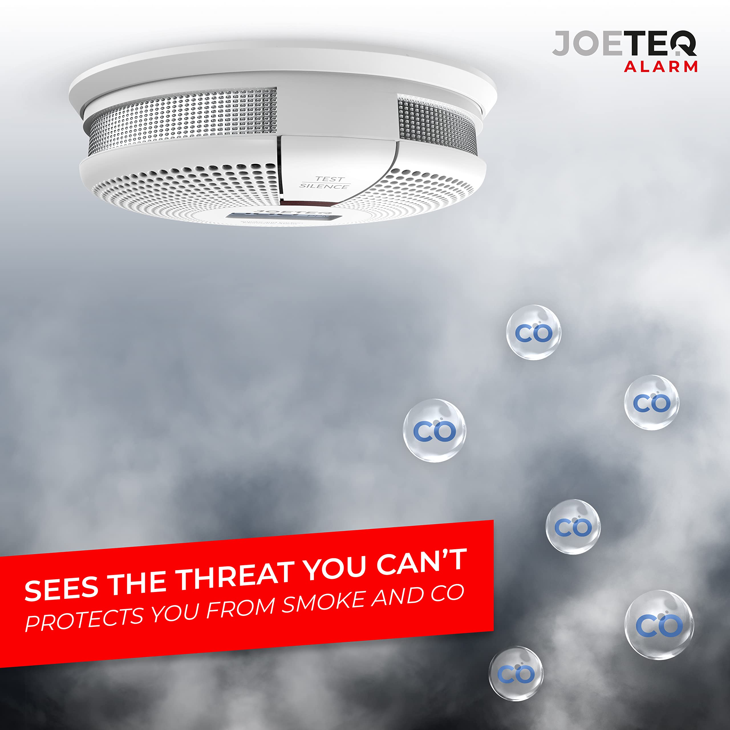 JOETEQ 2-in-1 Smoke and Carbon Monoxide Detector 10 Year Battery Operated Included - No Drilling Easy Adhesive Installation, SC01-BS, 1pcs