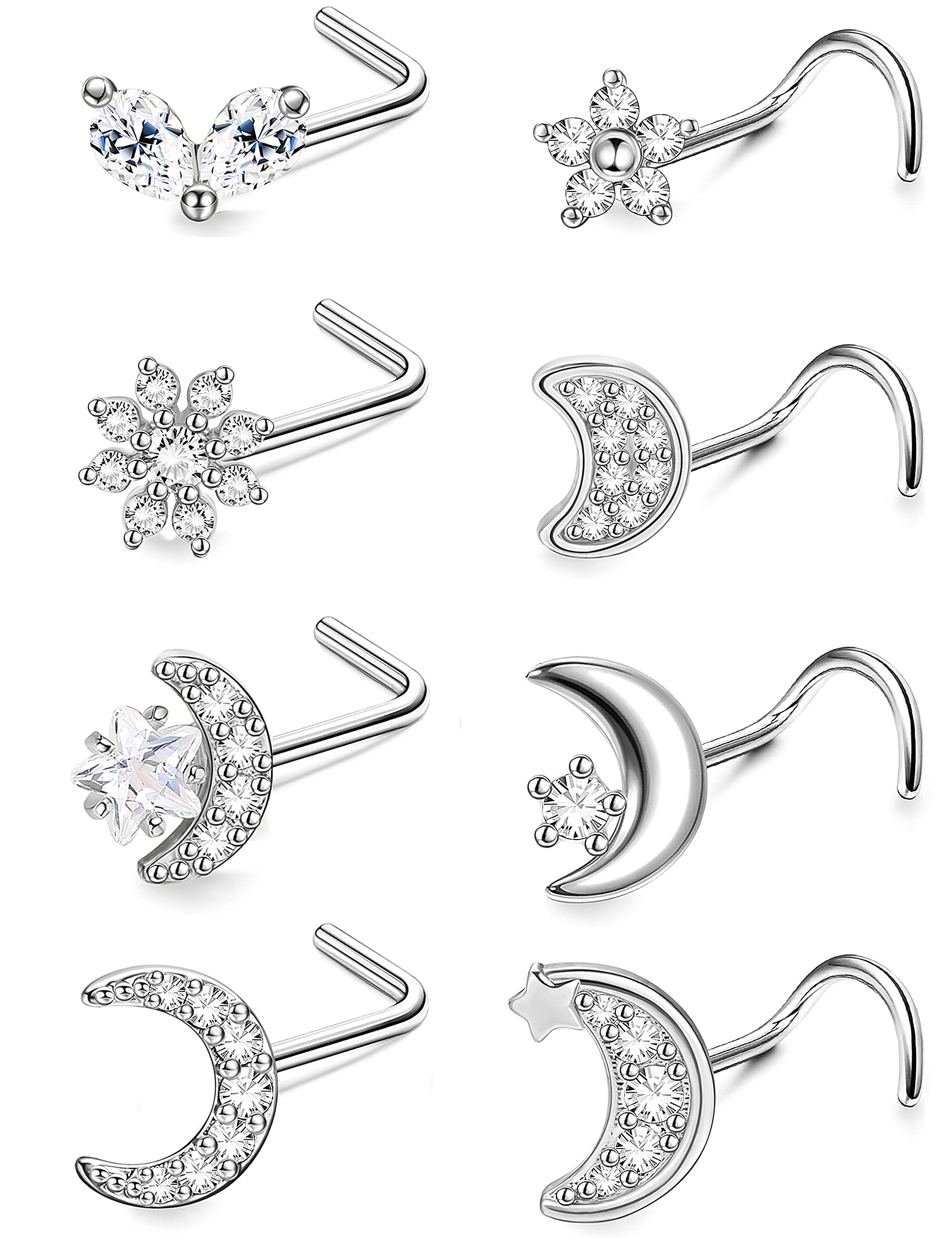 IRONBOX 8Pcs 20G Stainless Steel Nose Rings Stud Moon Star L Shaped Nose Rings Snowflake Nose Stud Screw Nose Rings Flower Nose Stud For Women Men