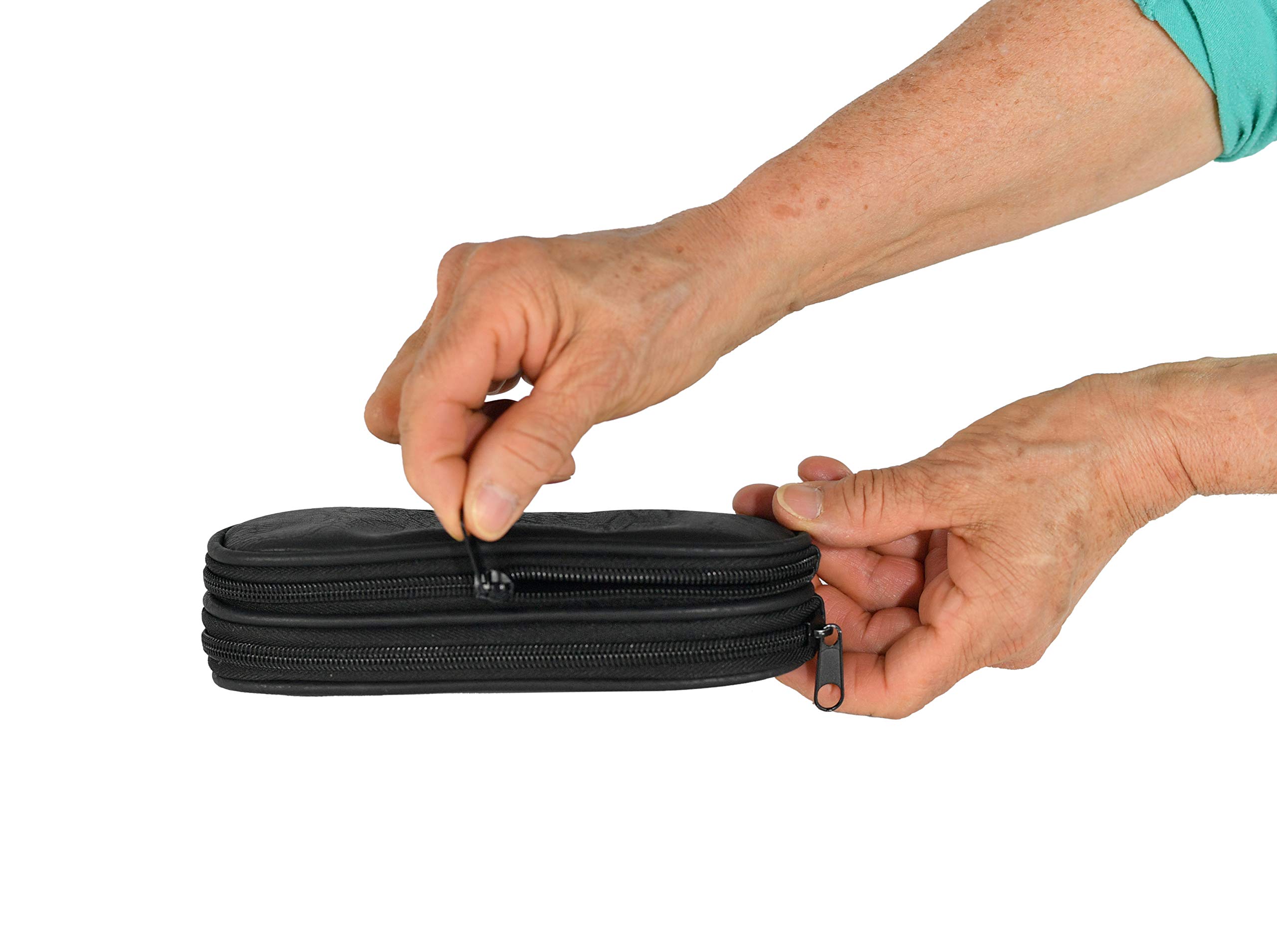 HOME-X Double Eyeglass Holder, Black Leather Pouch with 2 Compartments, Travel Bag, Toiletry Pack, Pencil Case