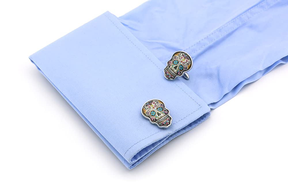 iGame Day Of The Dead Cuff Links Muti-color Brass Material Sugar Skull Design Cufflinks with Gift Box