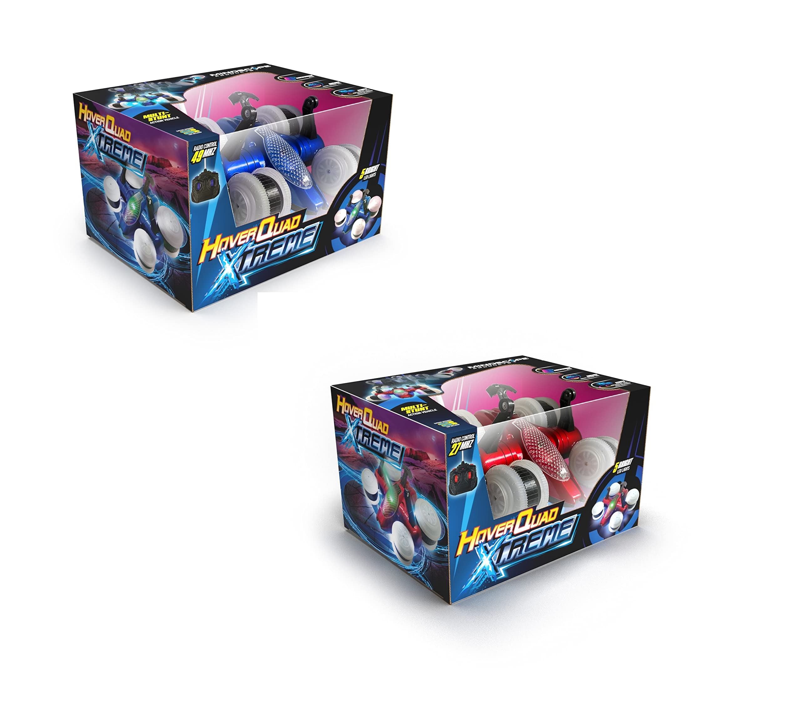 Mindscope Set of 2 HoverQuad Xtreme Radio Control Stunt Action Light Up Vehicles Red and Blue