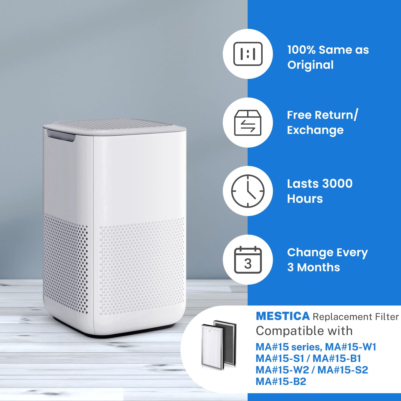 MESTICA Air Purifier Replacement Filter for MA#15, Compatible with MA#15 Air Purifier, 3 in 1 Integration of Pre-Filter, High Efficiency H13 True HEPA and Activated Carbon, 4-Pack