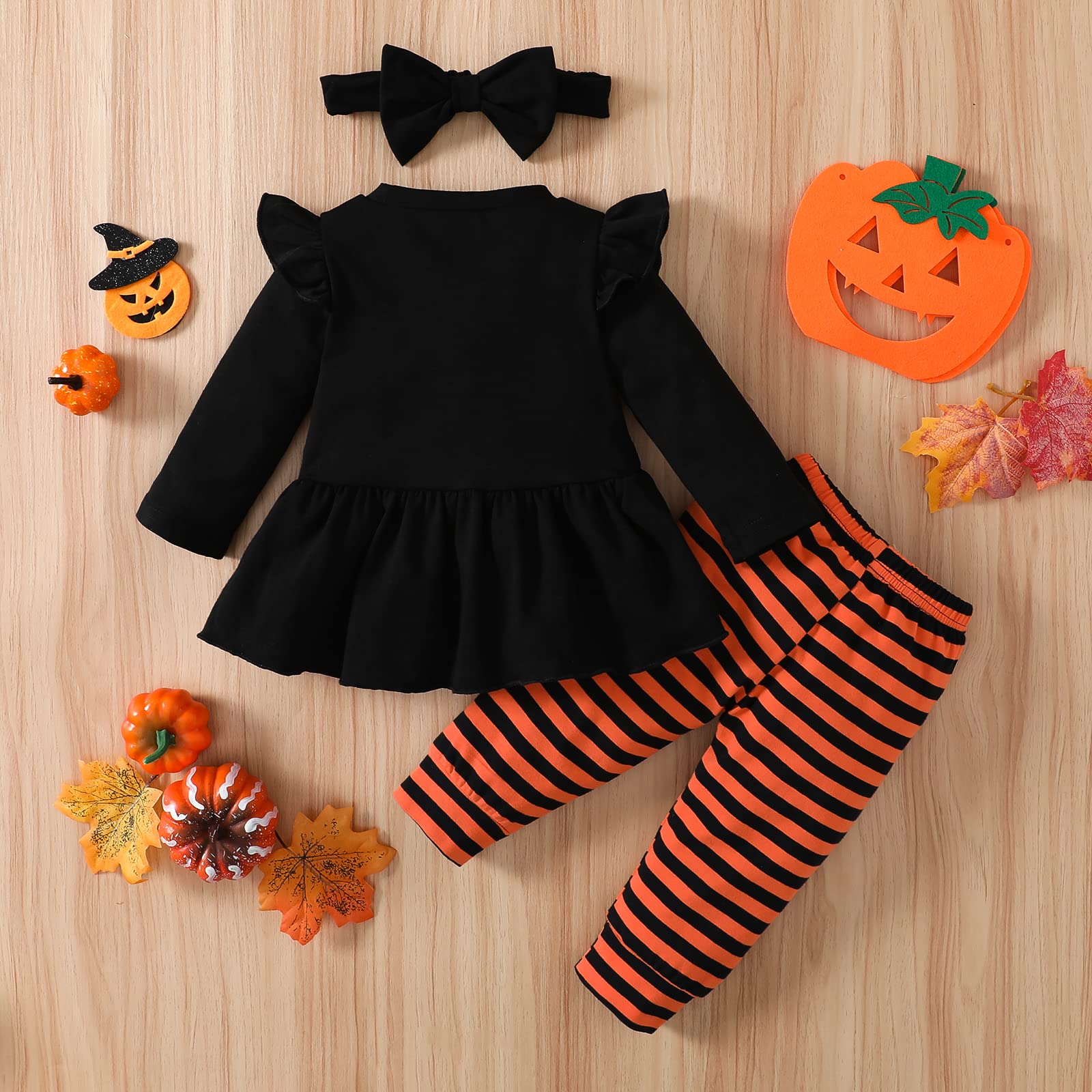 Noubeau My 1st Halloween Baby Girl Outfits Ruffle Pumpkin Print Tunic Drees Shirt Stripe Pants Legging Fall Winter Clothes(Black- A,6-12 Months)