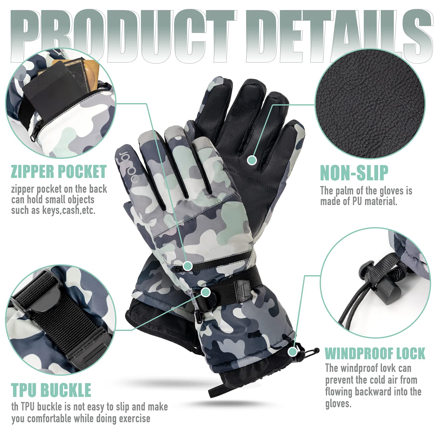Jogoo Winter Warm Ski Gloves,3M Thinsulate Snow Snowboard Gloves for Men Women,Touchscreen Cold Weather Waterproof&Windproof with Pocket