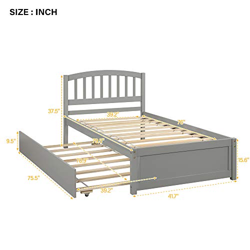 GINGVAT Twin Size Platform Bed with Trundle, Wooden Bedframe Frniture, Gray